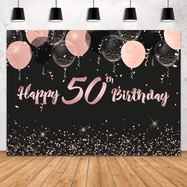Rose Gold Happy 50th Birthday Backdrop Black Pink Balloons Glitter ...