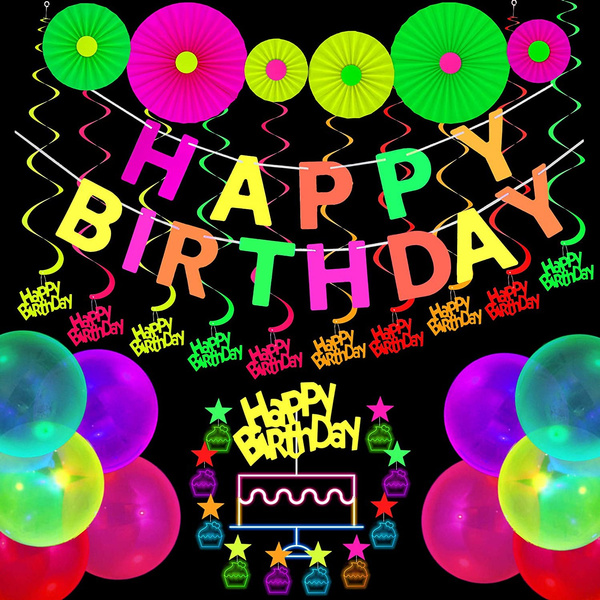 Glow Neon Party Supplies Happy Birthday Banner Hanging Swirl ...
