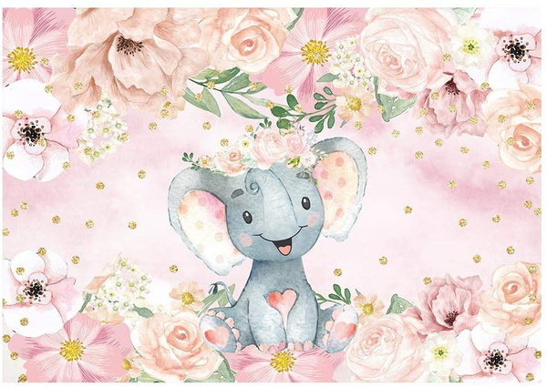 Pink Floral Elephant Baby Shower Party Backdrop for Girls Princess ...