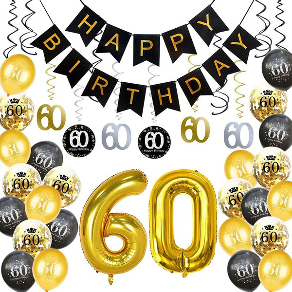 60th Birthday Decorations Party Supplies (42 pack) Gold Number Balloon 60 Happy Birthday Banner ...