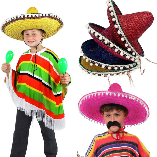 Kids Multi-Coloured Mexican Poncho Hat Western Costume Childs Fancy ...