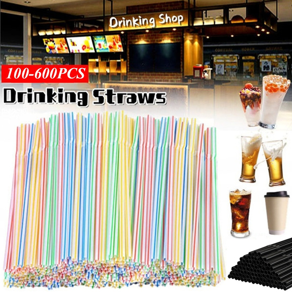 100-600PCS Plastic Drinking Straws Long Multi-Colored Striped Bedable ...