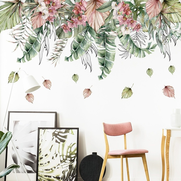 Watercolor Green Leaves Tropical Plants Wall Stickers for Living Room ...