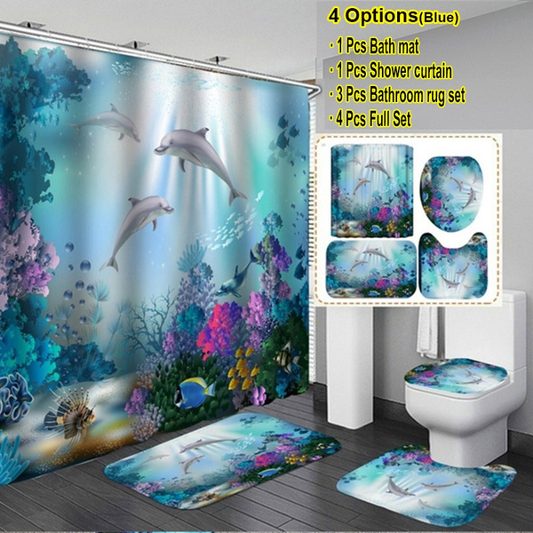 4/3/1pcs Sea Style Dolphin Shower Curtain Set Decro Waterproof Shower ...