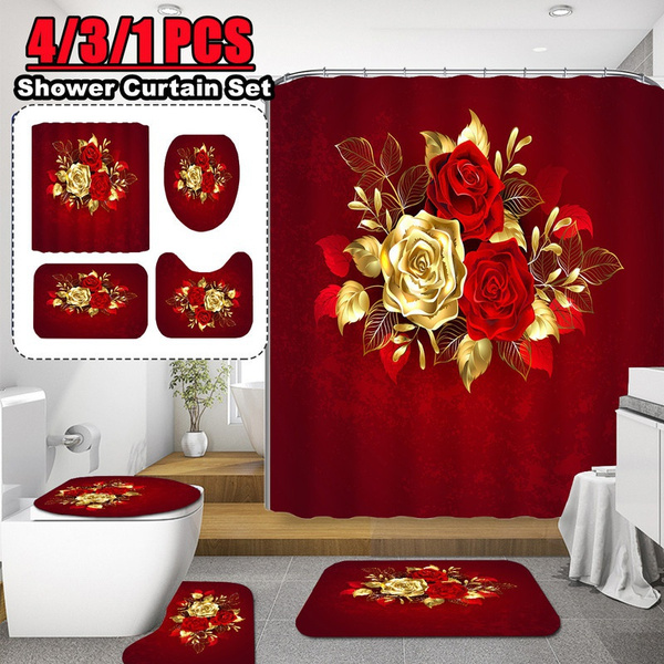 Bathroomshower Curtain Set Red Gold Rose Waterproof Shower Curtain ...