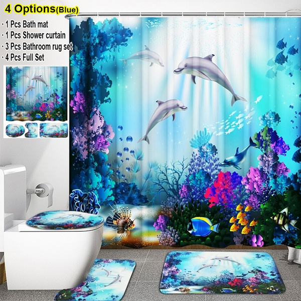 3D Blue Sea Style Dolphin Shower Curtain Set Decro Waterproof Shower ...