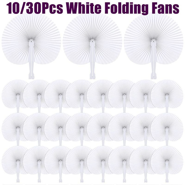 10/30 Pcs Round Shaped Folding Fans with Plastic Handle Paper Handheld ...