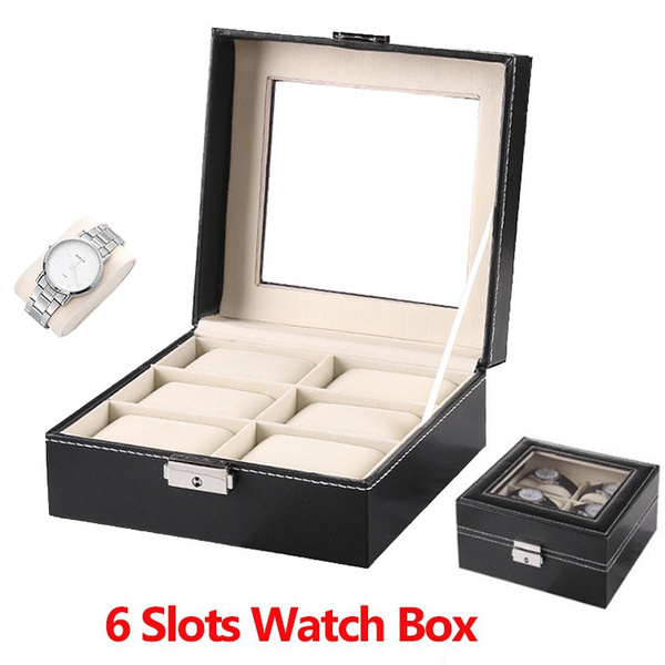 6 Slot PU Leather Watch Box Display Case Organizer with Framed Glass ...