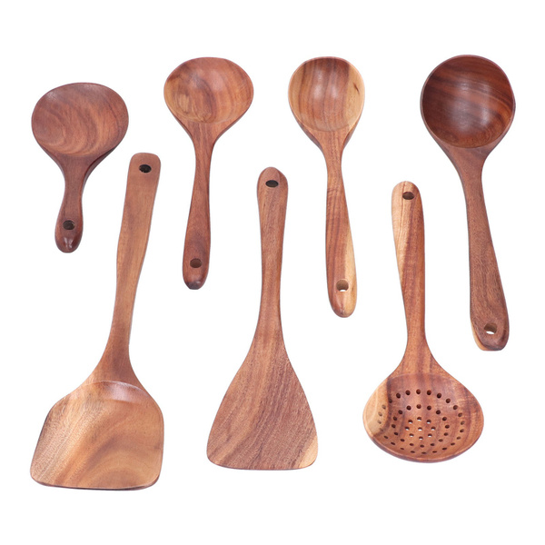 7PCS Wooden Kitchen Utensil Set, Non-stick Teak Wood Cookware Spatulas ...