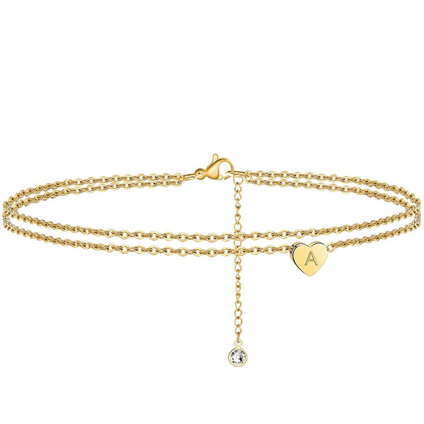 14K Gold Plated Heart Initial Letter Ankle Bracelets for Women Dainty ...