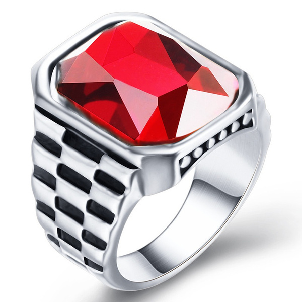 Vintage Agate Ring Stainless steel Chunky Dome Red Gemstone Rings Band ...