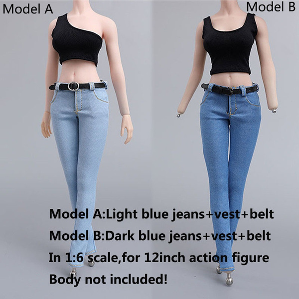 1/6 Scale Female Black Short Vest Long Jeans Pencil Pants Clothes Model ...