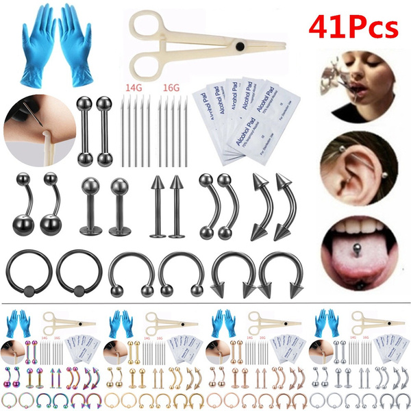 41pcs Body Piercing Jewelry Tool 14g 16g Belly Tongue Eyebrow Nipple