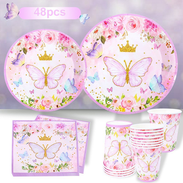 48pcs New Spring Butterfly Disposable Tableware Party Set Paper Plate ...