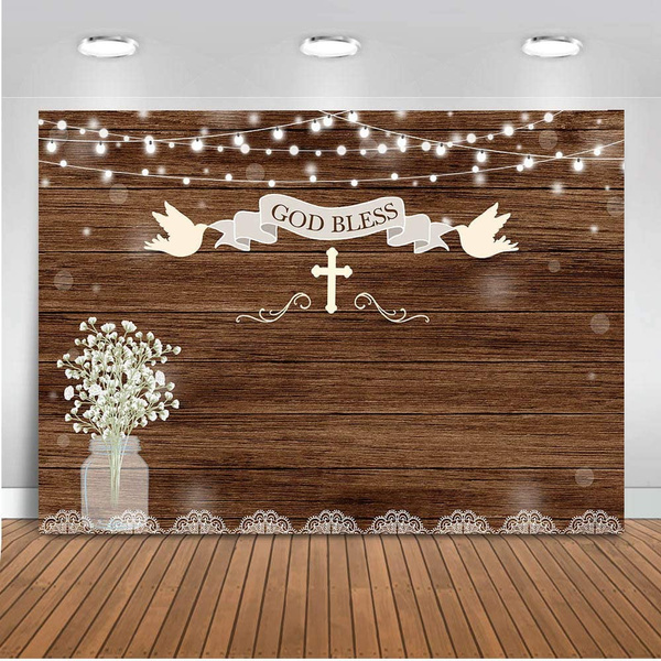 Baptism Backdrop 7x5ft Rustic Wood First Holy Communion Photo Backdrops God Bless Mason Jars ...