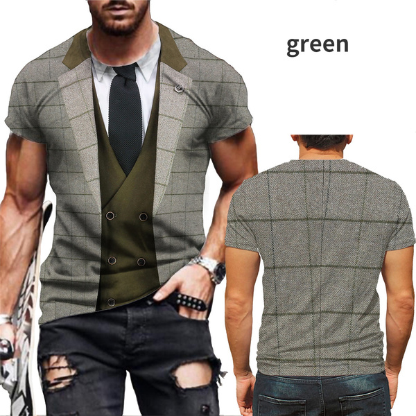 2022 Funny Fake Suit 3D T Shirt Tuxedo Bow Tie 3D Printed T Shirts Men ...