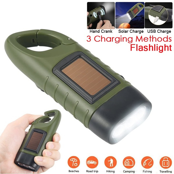 Hand Crank Flashlight Solar Powered Emergency Torch Rechargeable Dynamo ...