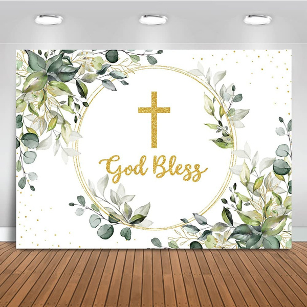 Greenery Baptism Backdrop Green and Gold God Bless Background First ...