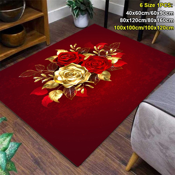 3D Gold Red Rose Pattern Carpet Living Room Bedroom Carpet Children's ...