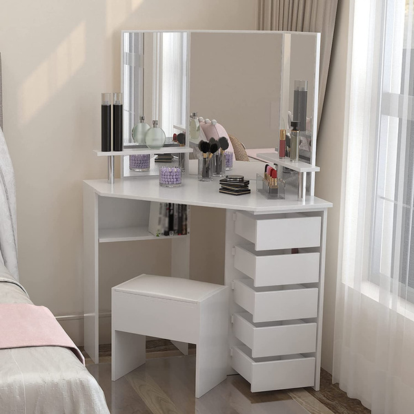 Corner Dressing Table Make Up Desk with Three-Fold Mirror and 5 Rotary ...