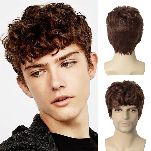 Short Mens Brown Wig Natural Curly Layered Cosplay Wig for Men Guys ...