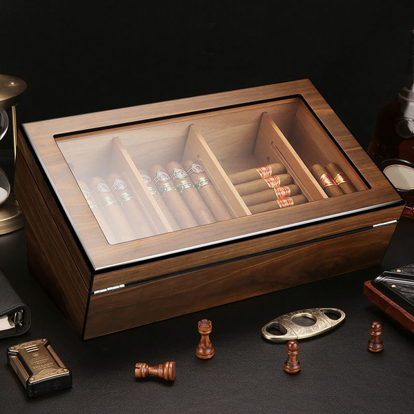 Glass Top Cigar Display Humidor With Divider Safety Lock Humidifier ...