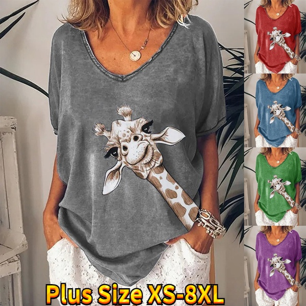 Women's Summer Giraffe Print V-neck Shirts Fashion Short Sleeve Plus ...