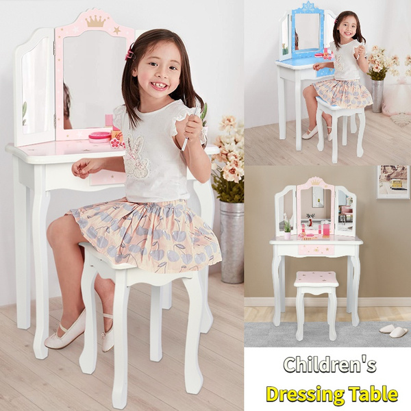 Children's Wooden Vanity Makeup Dressing Table Three-Sided Folding ...
