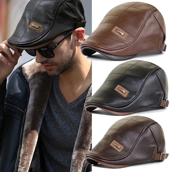 Men Vintage Leather Beret Hat Retro Newsboy Warm Cap Duckbill Visor ...