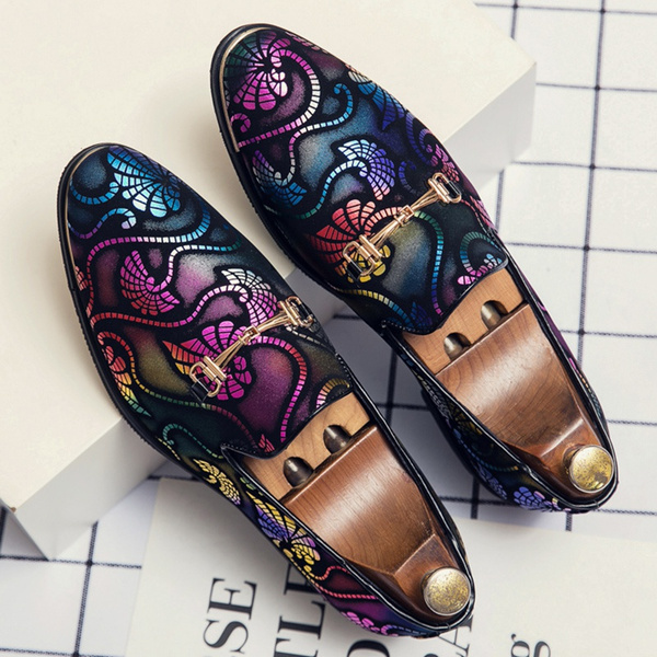 New Mens Printed Leather Shoes Casual Wedding Dress Shoes Man Slip on ...