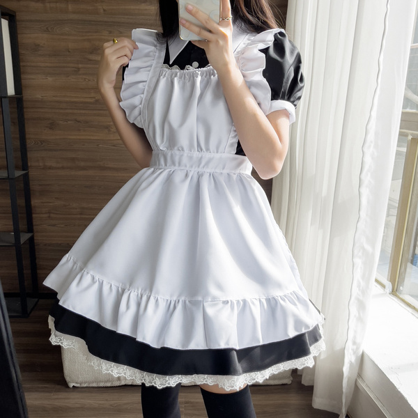 Maid Outfit Cosplay Restaurant Cafe Overalls Long Skirt Black and White ...