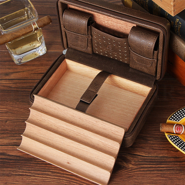 4 Tube Portable Humidor Cigar Travel Case Leather Cedar Wood Holder ...