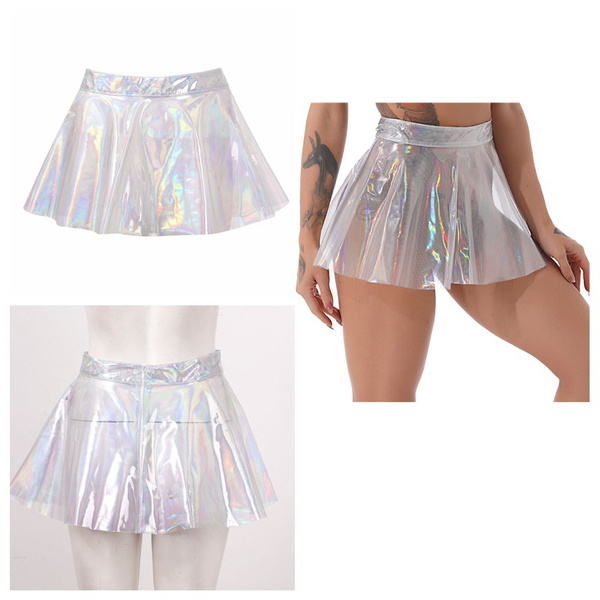 Womens Glossy Shiny High Waist Zipper Back Miniskirt See-through Flared ...