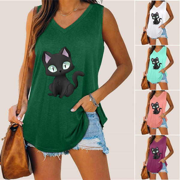 Women Fashion Cat Print Tank Top Summer V Collar Sleeveless Top Loose ...