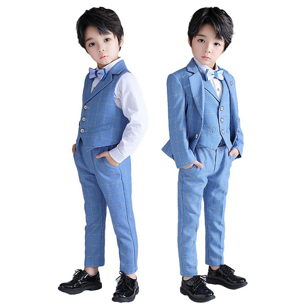 4Pcs Boys Blue Plaid Blazer Jacket Pants Vest Bow tie Formal Suit Long Sleeve Tuxedo Set ...