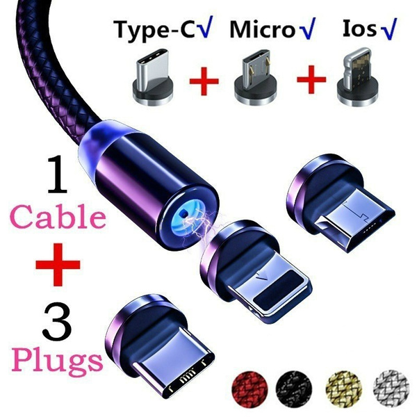（1 Cable+3 Plugs） New Quick Magnetic USB-C Type C/IOS/Micro USB Round ...