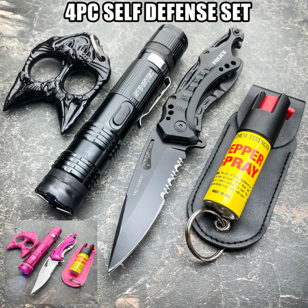4PC Tactical Self Defense Tool Stun Gun Taser Tazer Flashlight Spring ...