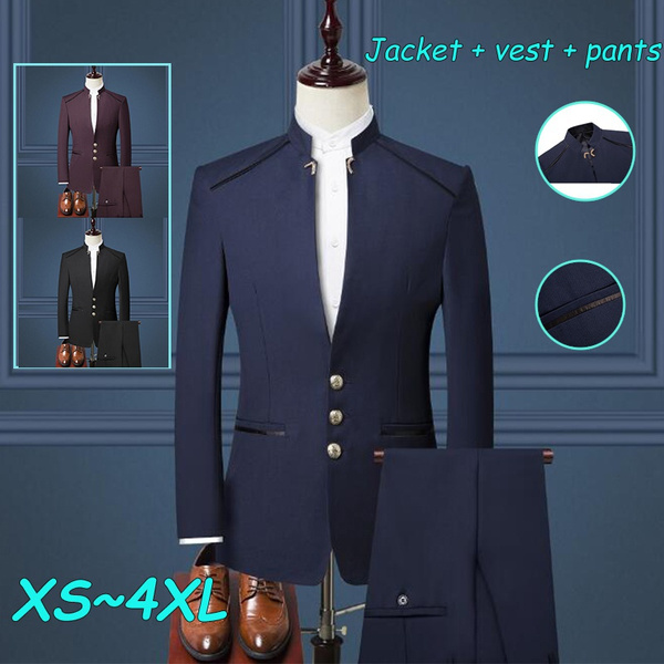 Men Suit Chinese Style Stand Collar Suit Male Wedding Groom Slim Fit ...