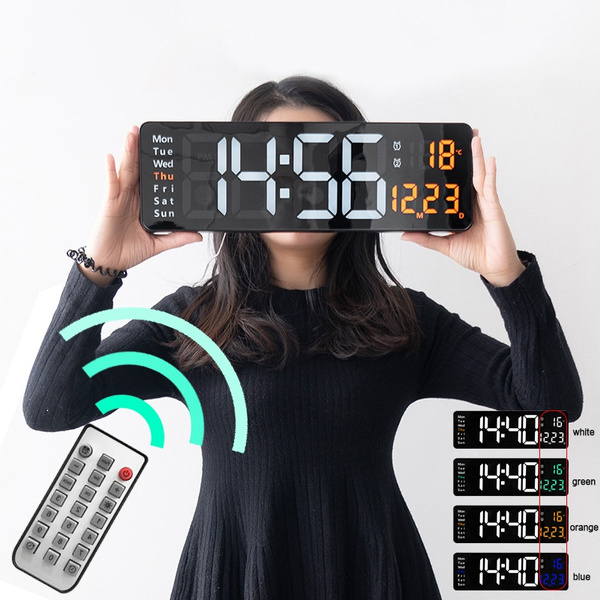 Large Electronic Wall Clock Remote Control Temperature Date Power Off ...