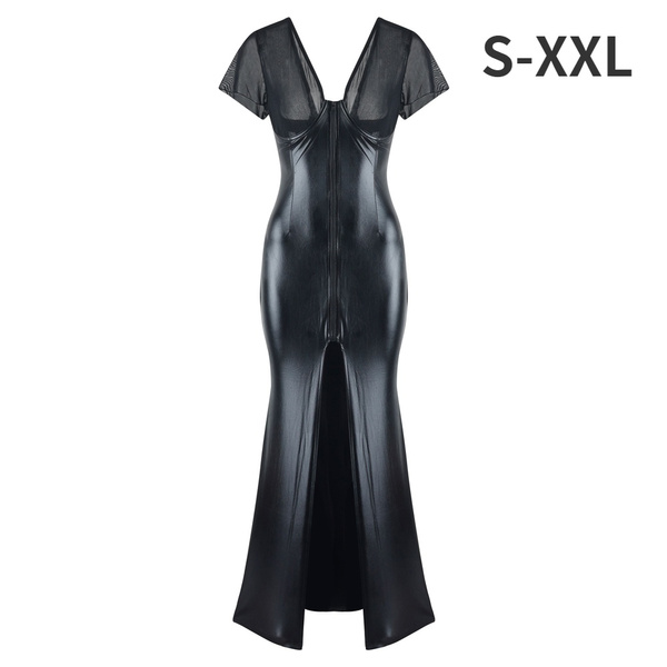 Sexy Wetlook Faux Leather Long Dress Women Front Zipper Club Night Pole ...