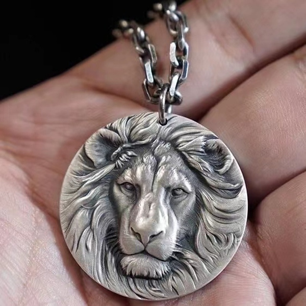 Vintage Embossed silver Lion Head Pendant Necklace Punk Motorcycle Rock ...