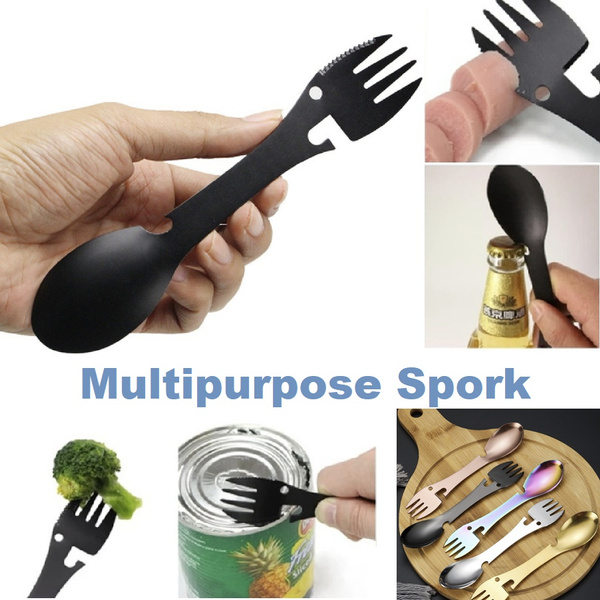5 in 1 Multipurpose Stainless Steel Fork Spork Picnic Camp Multi Tool Flatware Utensil Can ...