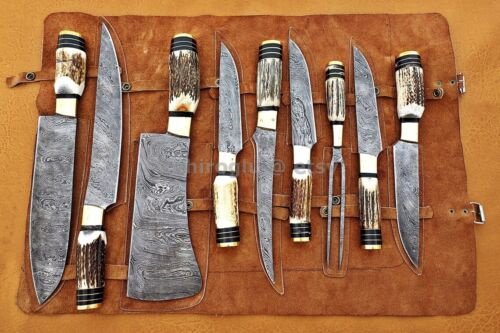 HANDMADE DAMASCUS STEEL KITCHEN CHIEF KNIFE SET WITH STAG HORN | Wish