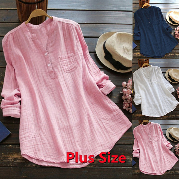 Womens V Neck Long Sleeve Shirt Solid Color Button Tops Fashion Casual