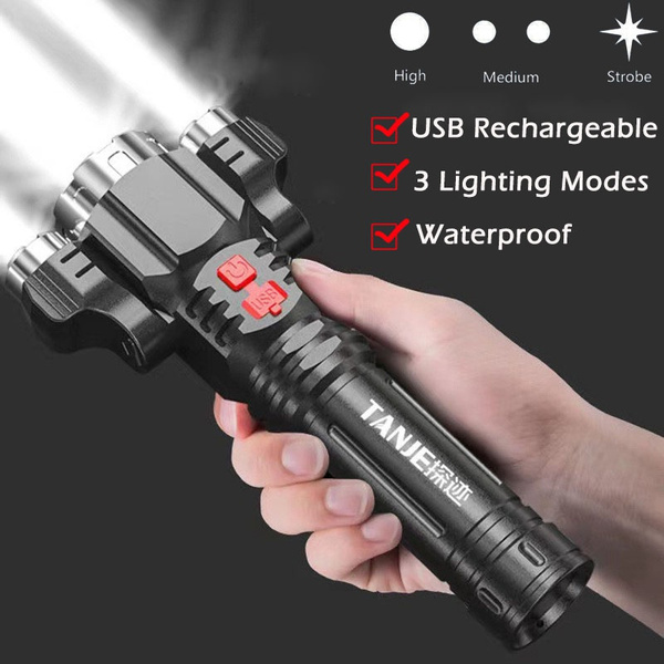 USB Rechargeable Torch Light Waterproof Zoomable 3 Modes Flashlight for ...