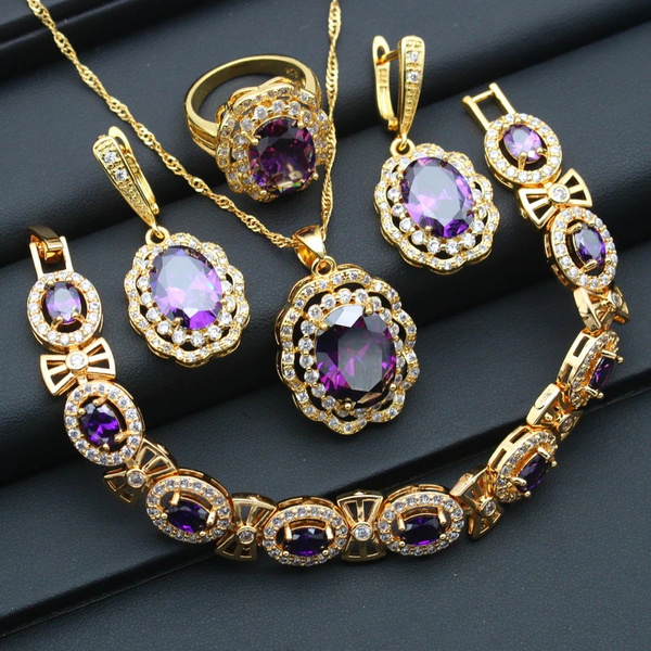 Luxurious Purple Zirconia Gold Color Bridal Jewelry Sets For Women ...