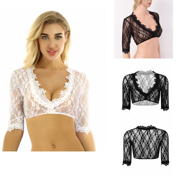 Women Floral Lace See Through Deep V Neck Half Sleeve Pullover Dirndl