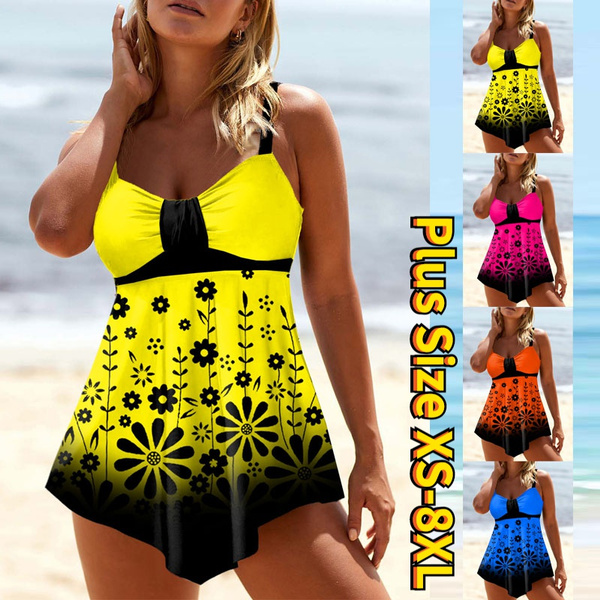 Womens Swimming Suit Halter Swimwear Two Pieces Bathing Suit Flower Floral Printed Tankini Top
