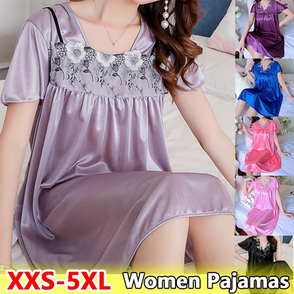 8 Colors New Women Pajamas Dress Lace Satin Short Sleeve Nightly Dress ...