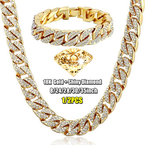 Men's 18K Gold Hip Hop Necklace Bracelet Miami Cuban Link Chain Iced ...